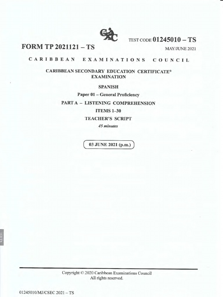 CSEC Spanish June 2021 P1 (Teacher's Script) | PDF