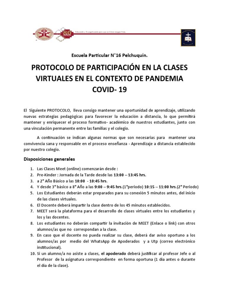Protocolo de Clase Virtual 2021 Pelchuquin@ | PDF | Maestros | Salón de clases