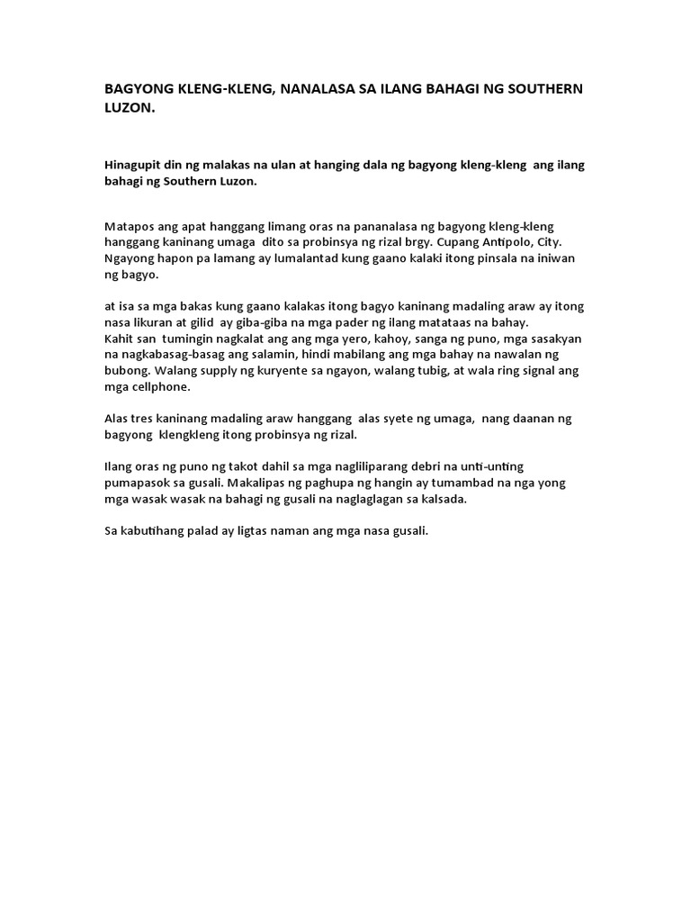 Newscasting - Bagyong Kleng-Kleng | PDF