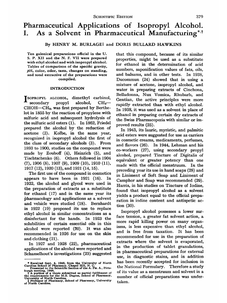 Pharmaceutical Applications of Isopropyl Alcohol. I. As A Solvent in Pharmaceutical ...