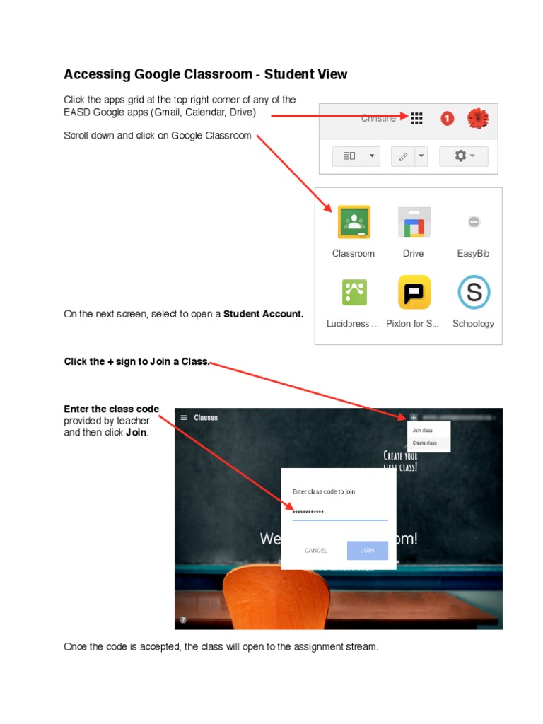 Accessing Google Classroom - Student View: Click The + Sign To Join A ...