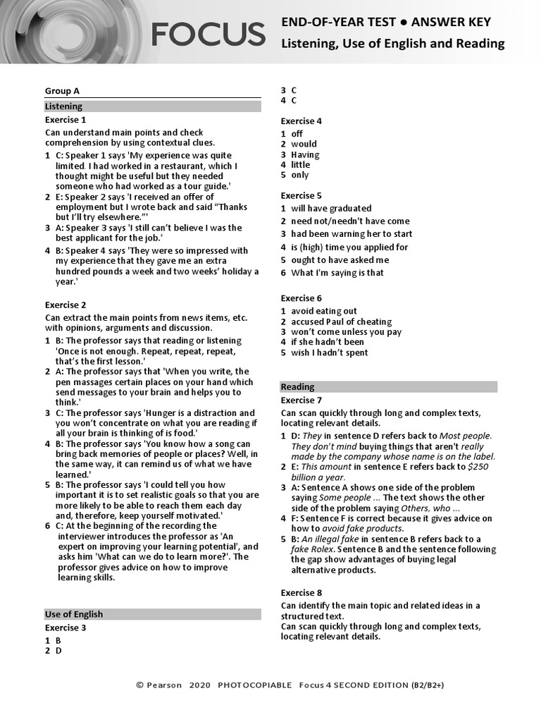 Focus4 2E End of Year Test Listening UoE Reading GroupA B ANSWERS | PDF ...