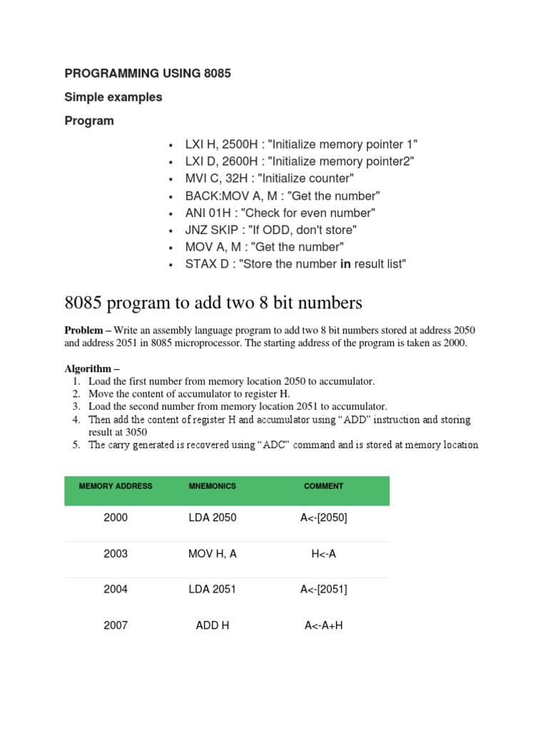 8085 Program To Add Two 8 Bit Numbers: Programming Using 8085 Simple Examples Program | PDF ...