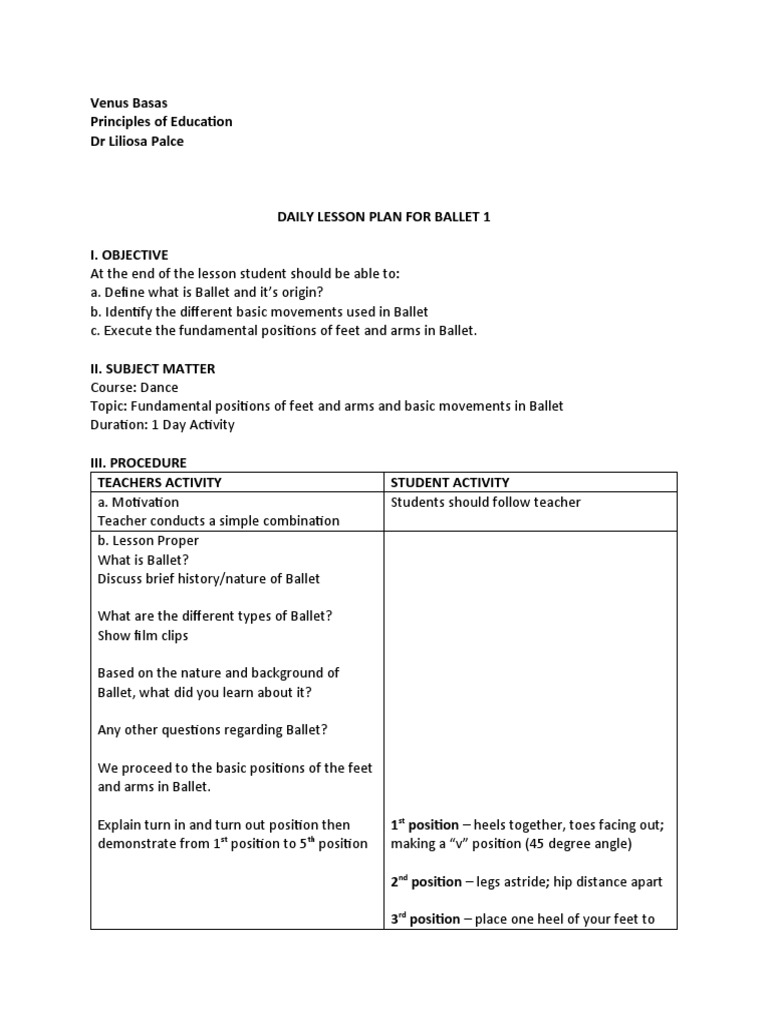 Lesson Plan For Ballet 1 | PDF | Foot