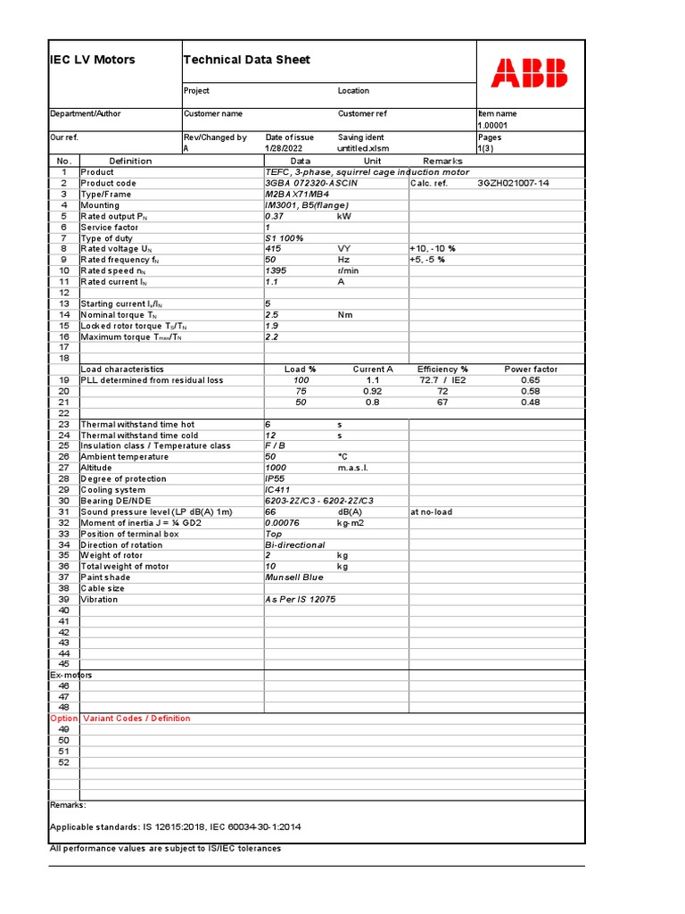 IEC LV Motors Technical Data Sheet: No. Data Unit Remarks | PDF ...