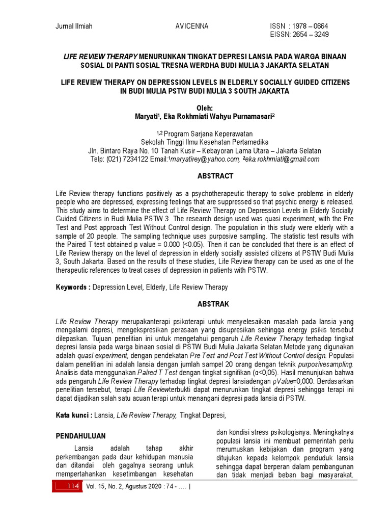 Life Review Therapy Menurunkan Tingkat Depresi Lansia Pada Warga Binaan | PDF