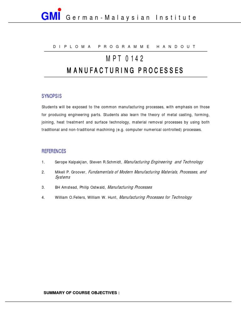 MPT 0192 - Notes | PDF | Casting (Metalworking) | Casting