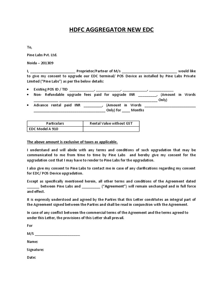 HDFC Aggregator New EDC Letter | PDF