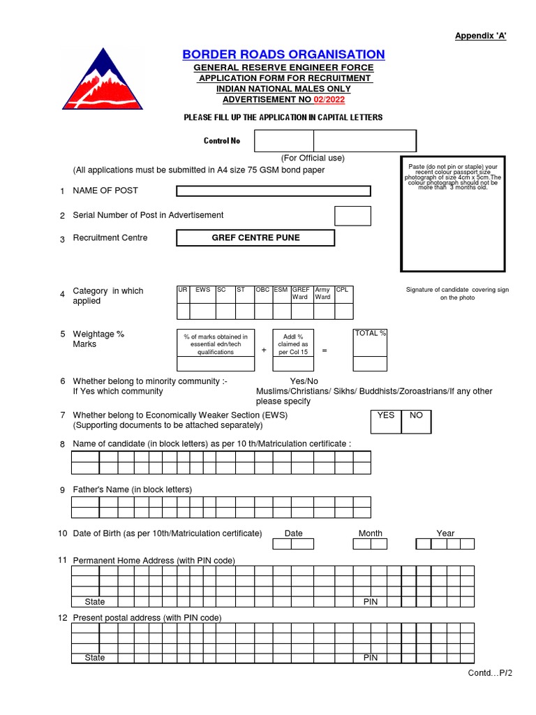 GREF Recruitment Application Form 2022 | PDF | Test (Assessment ...