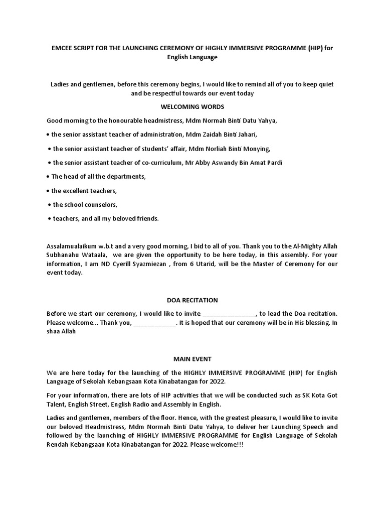 Hip Launching Ceremony Script | PDF