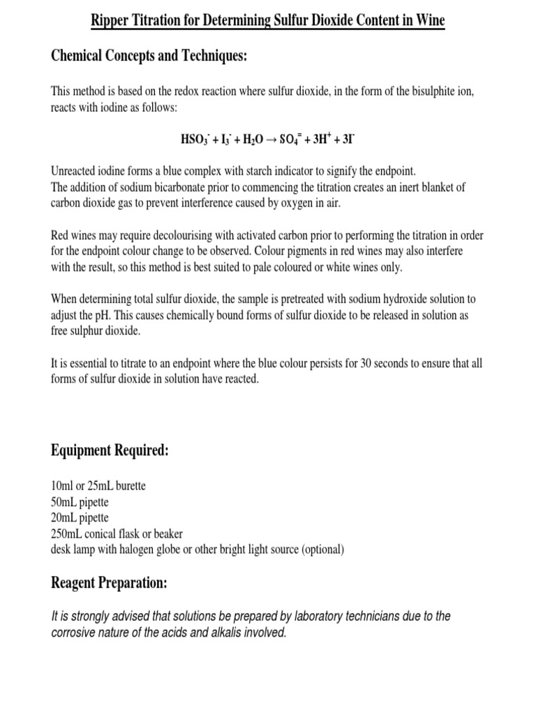 Ripper Titration for SO2 in Wine | PDF | Titration | Chemistry