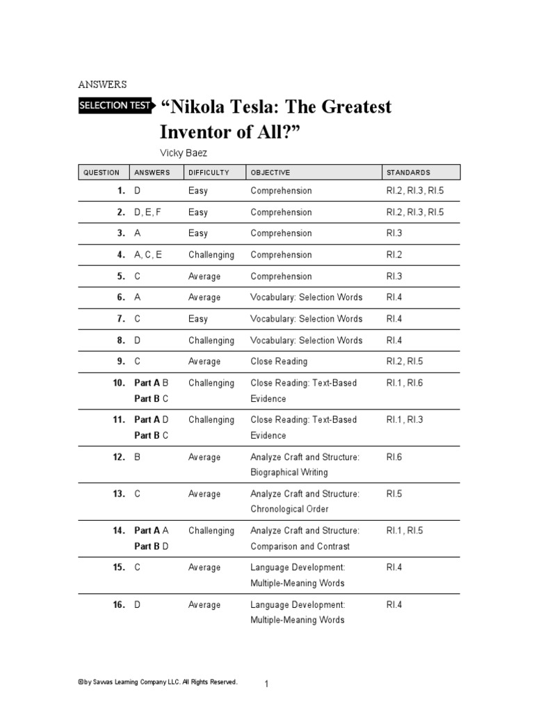 "Nikola Tesla: The Greatest Inventor of All?": Answers | PDF | Learning ...