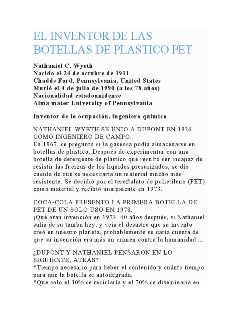 El Inventor de Las Botellas de Plastico Pet y Inventos | PDF | Botella ...