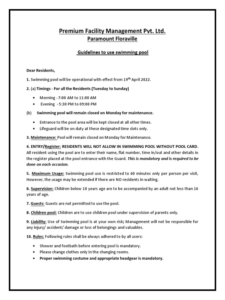 Swimming Pool Usage Guidelines | PDF | Swimming Pool