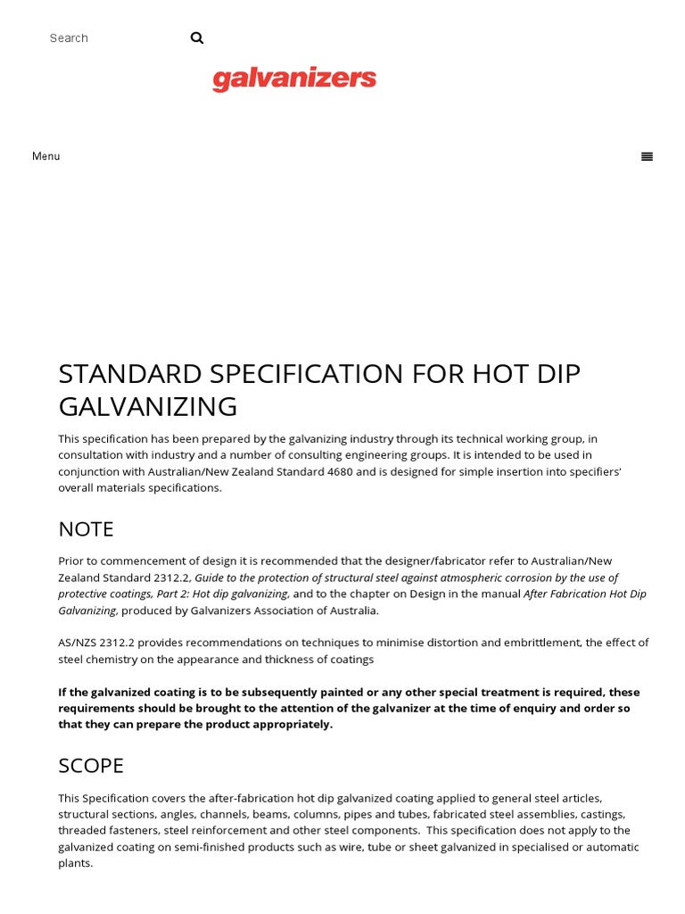 Standard Specification For Hot Dip Galvanizing | PDF | Galvanization | Construction