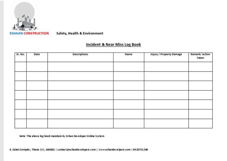 Incident & Near Miss Log Book: Safety, Health & Environment | PDF