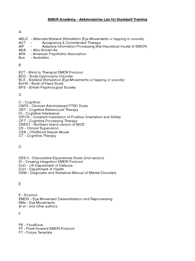 EMDR Academy - Abbreviations List For Standard Training | PDF | Eye ...