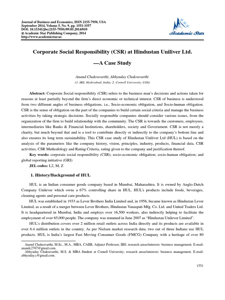 Corporate Social Responsibility (CSR) at Hindustan Uniliver Ltd. - A ...