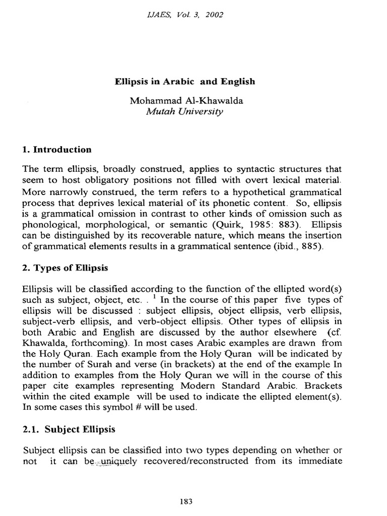 Ellipsis Types in Arabic and English | PDF | Subject (Grammar) | Verb
