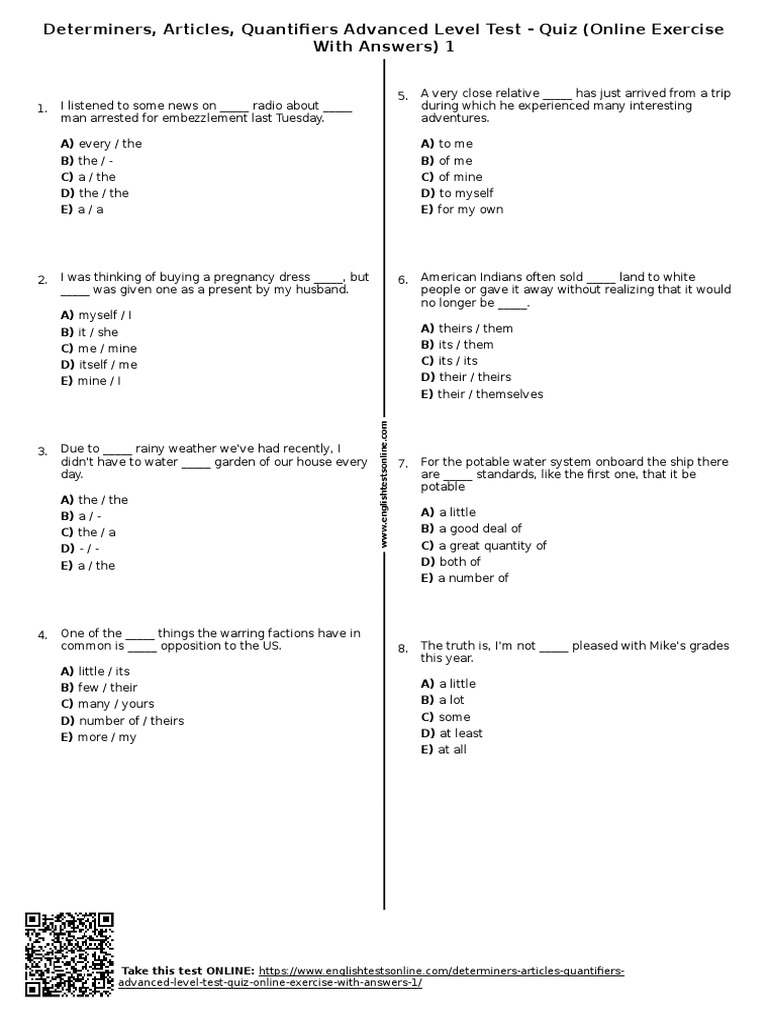 357 - Determiners Articles Quantifiers Advanced Level Test Quiz Online ...