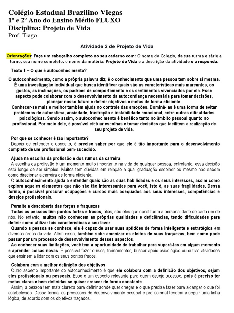 Projeto De Vida Atividade Fluxo Autoconhecimento Pdf Autoestima