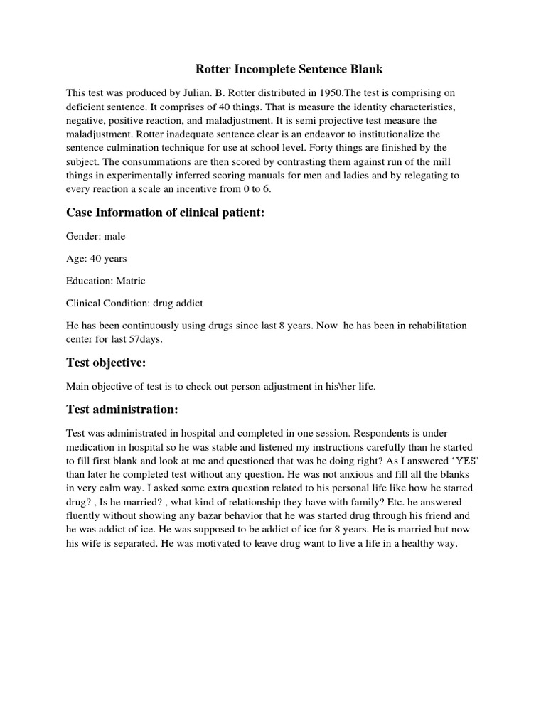 Rotter Incomplete Sentence Blank | PDF | Mental Health ...