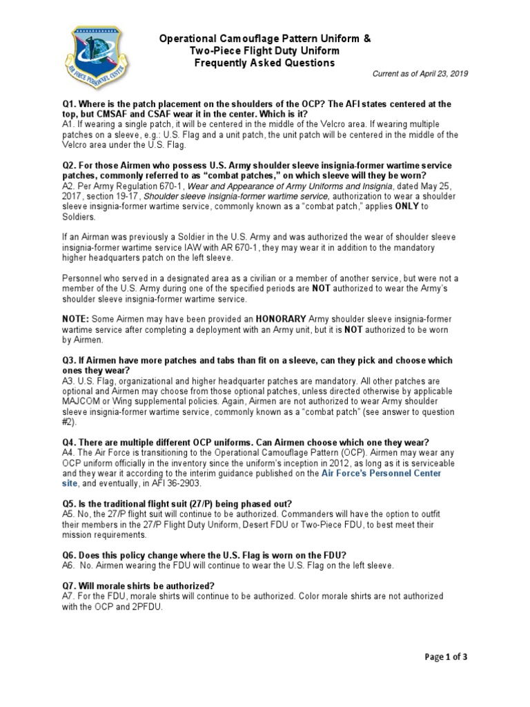 Ocp - 2pfdu Faqs 20190423 | PDF | Uniforms | Dress Codes