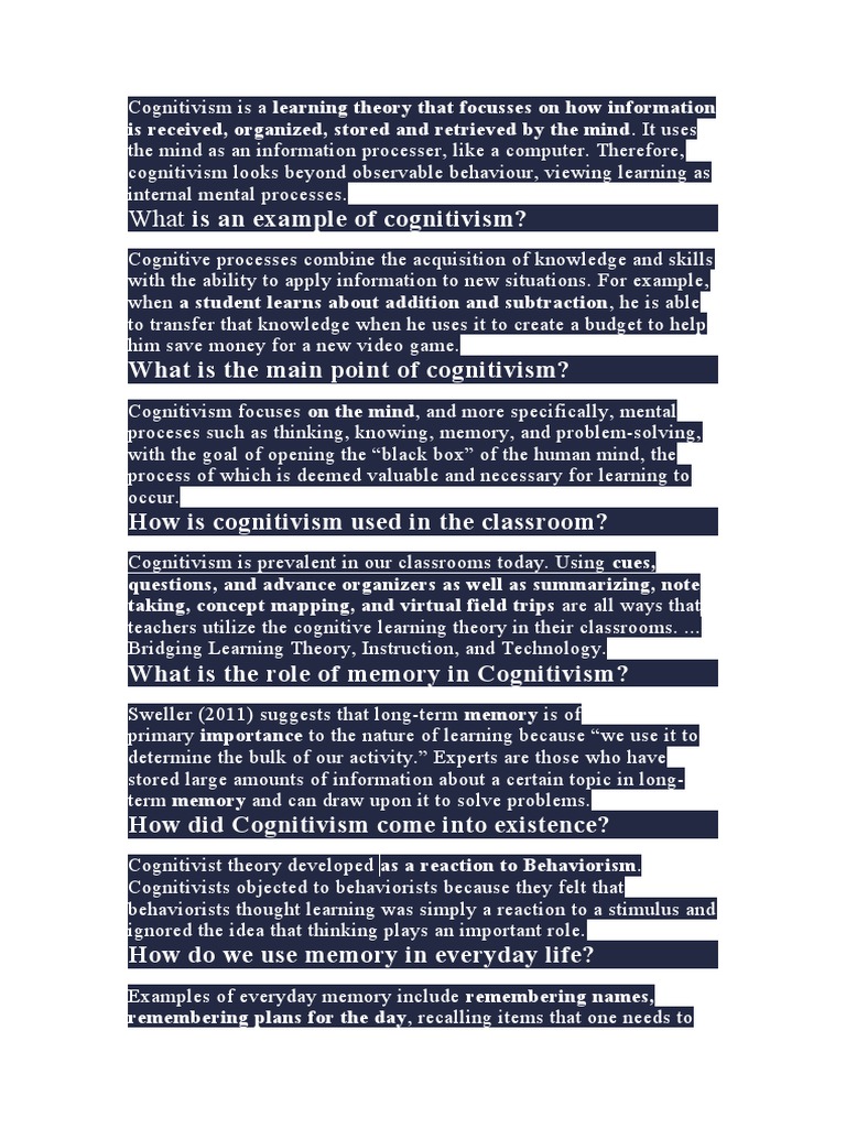 What Is An Example of Cognitivism? | PDF | Learning | Learning Theory ...