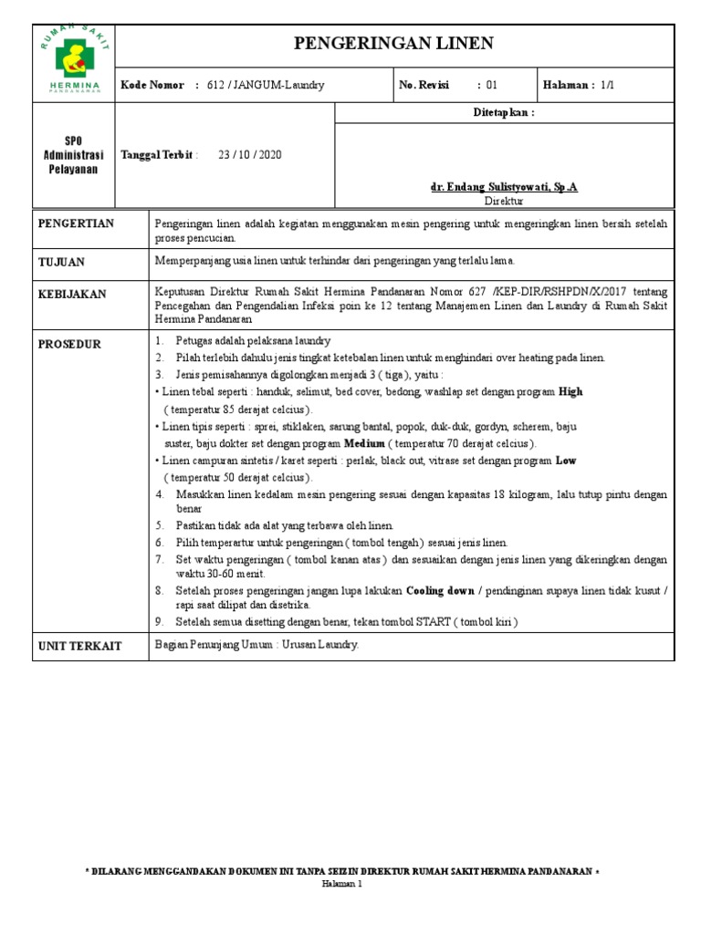 Prosedur Pengeringan Linen Rumah Sakit | PDF