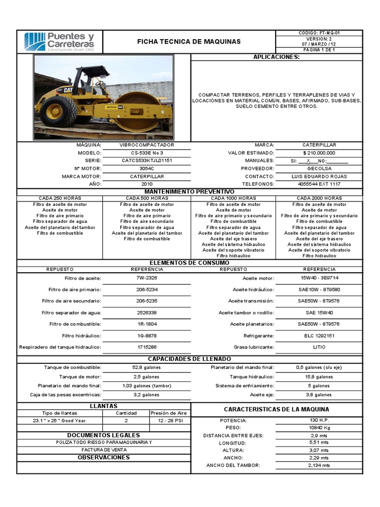 Ficha Tecnica Cat Cs533e-Ktjl | PDF | Motores | Industria automotriz