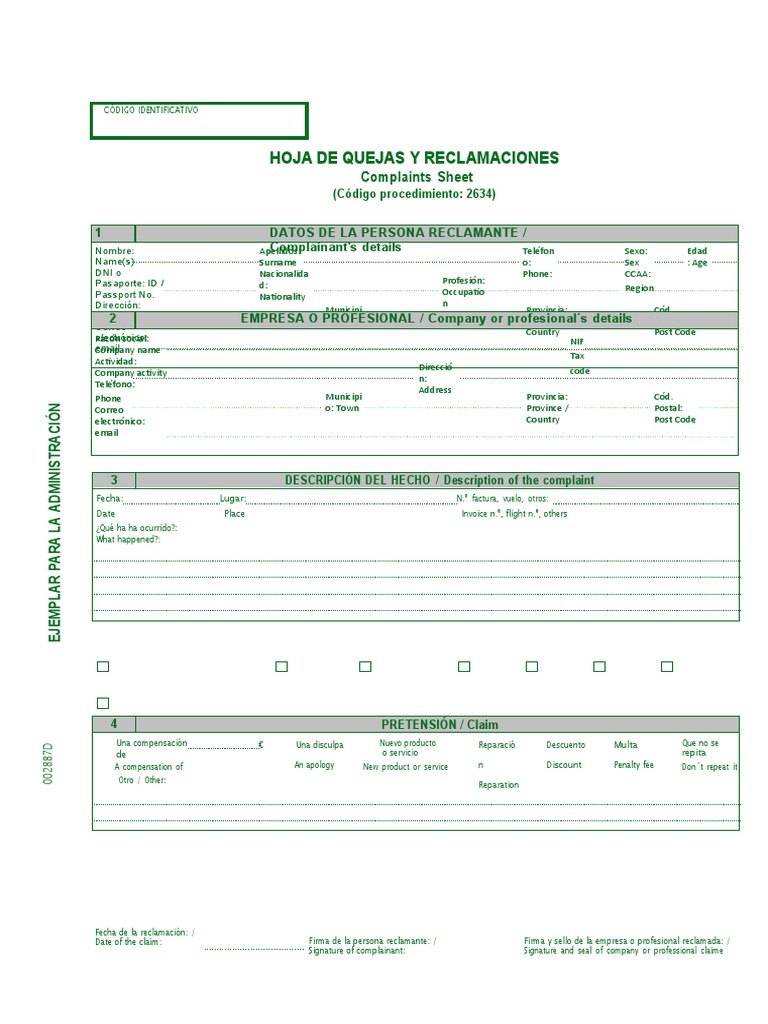 Formulario de Quejas y Reclamaciones Rellenable - 15 | PDF