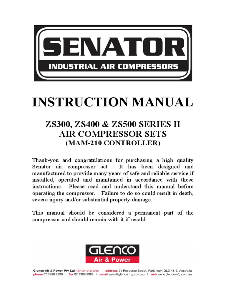 Instruction Manual: ZS300, ZS400 & ZS500 SERIES II Air Compressor Sets ...