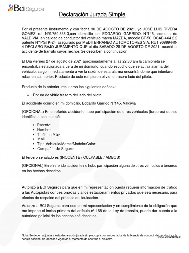 Declaración Jurada Simple Bci - PGTK-24-Siniestro | PDF | Seguro | Póliza de seguros
