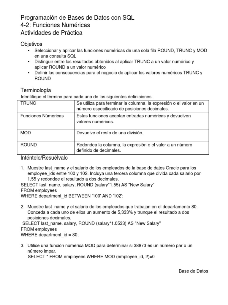 Programación de Bases de Datos Con SQL 4-2: Funciones Numéricas Actividades de Práctica | PDF ...