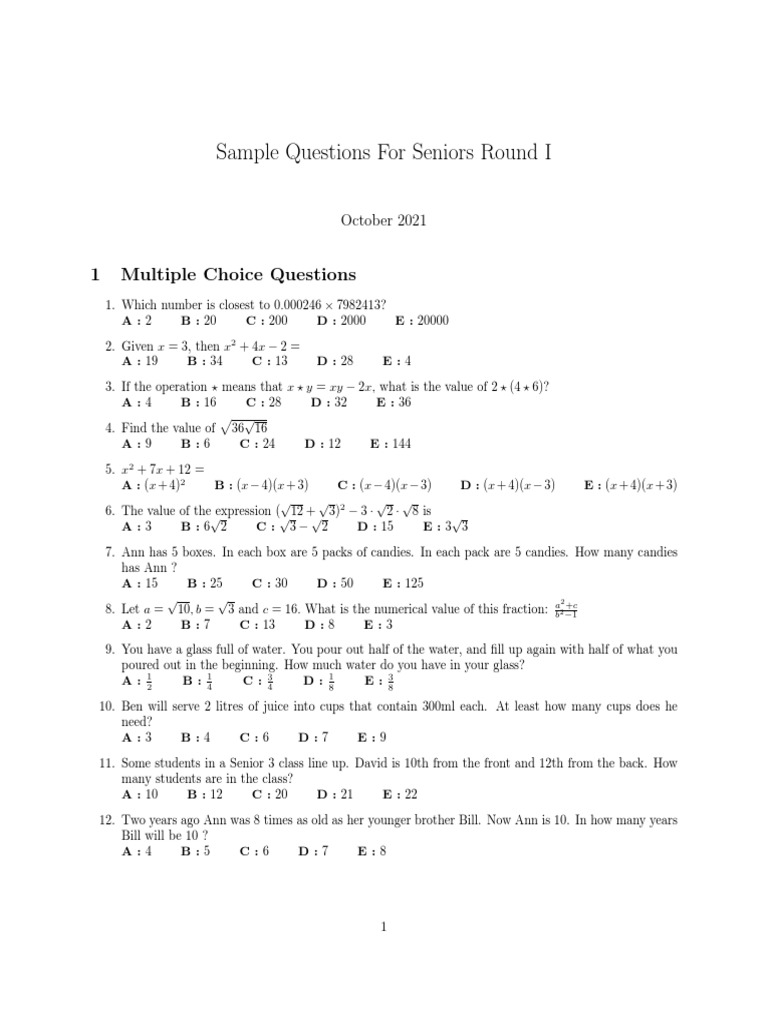 Sample Questions For Seniors Round I | PDF | Mathematics | Arithmetic
