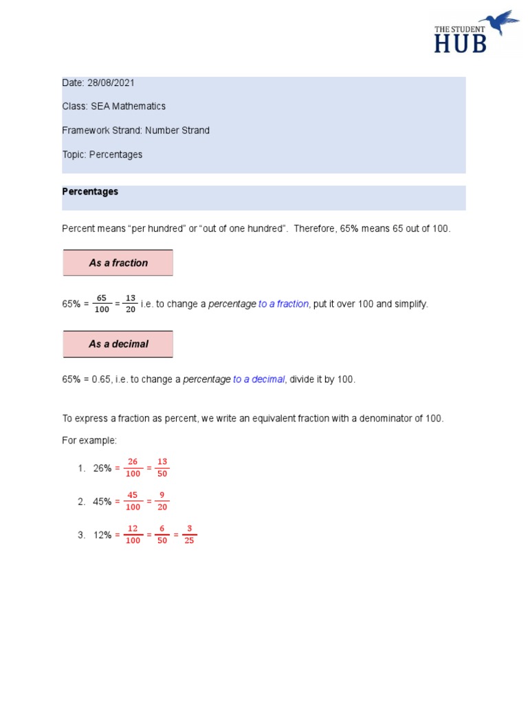 Class Notes 9 - Percentages-1 | PDF | Percentage | Division (Mathematics)
