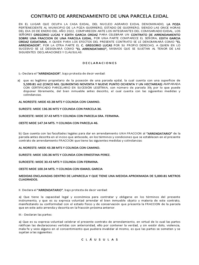 Contrato de Arrendamiento Parcela Ejidal | PDF | Propiedad | Ley de ... Contrato de Arrendamiento Parcela Ejidal | PDF | Propiedad | Ley de ...