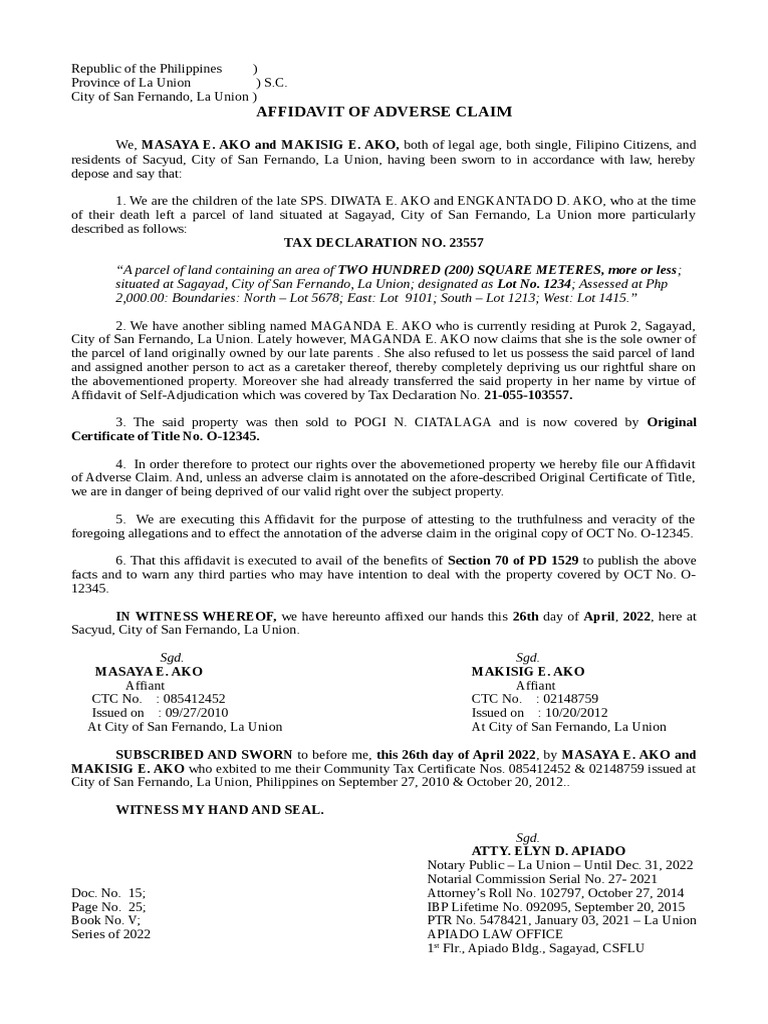 AFFIDAVIT OF ADVERSE CLAIM | PDF | Affidavit | Civil Law (Common Law)