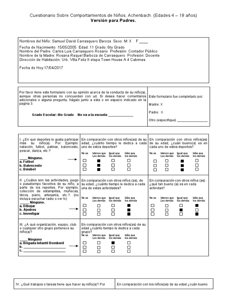 Cuestionario Sobre Comportamientos de Niños ACHENBACH PADRES | PDF