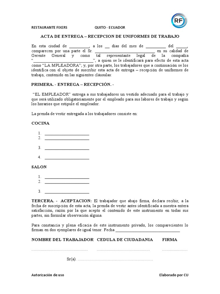 Acta De Entrega De Uniformes De Trabajo Pdf Finanzas Y Dinero