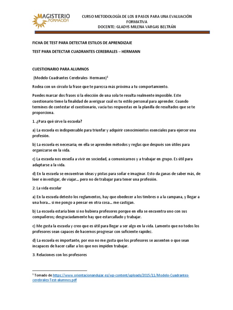 Ficha Test Cuadrantes Cerebrales Hermann | PDF | Prueba (evaluación ...
