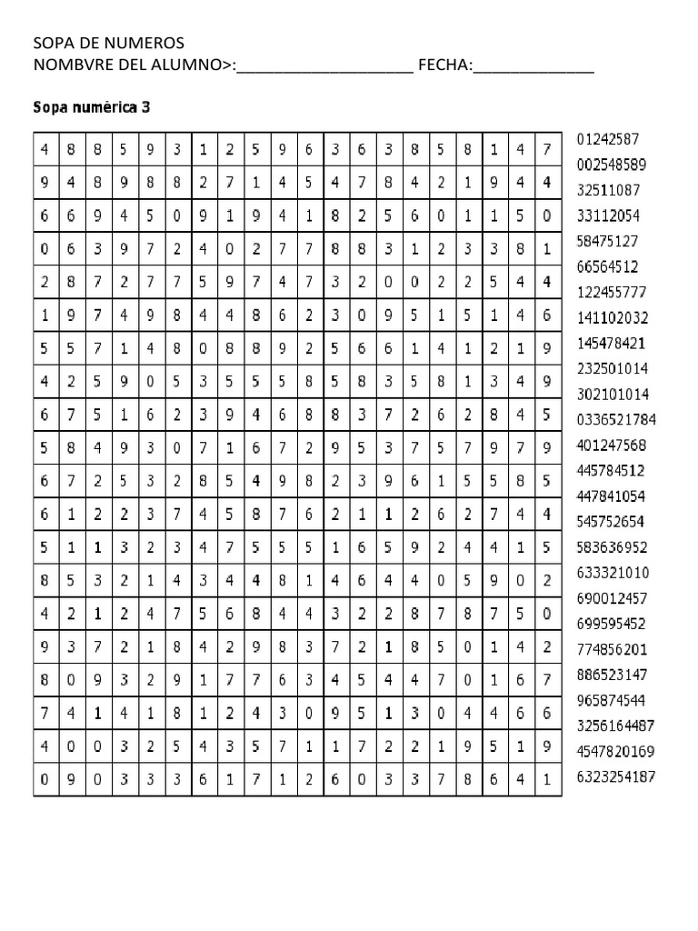 Sopa de Letras Numerica | PDF