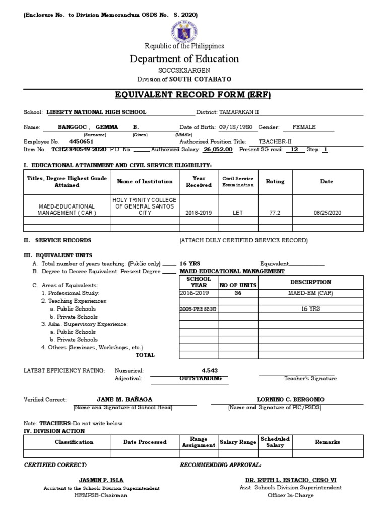 Department of Education: Equivalent Record Form (Erf) | PDF