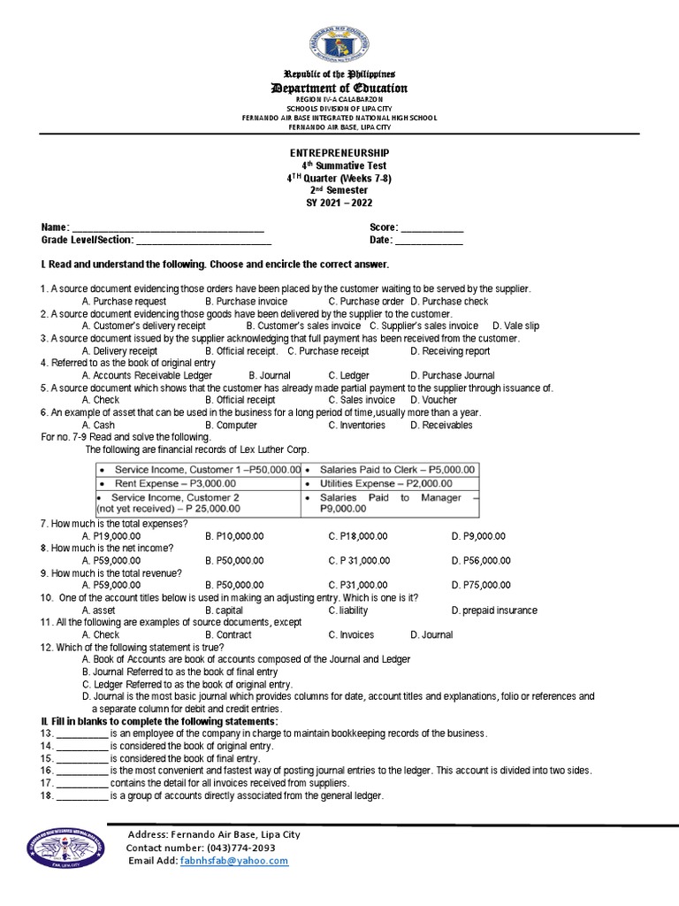 Q4 - SUMMATIVE TEST - Entrepreneurship - WEEK 7&8 | PDF | Receipt ...