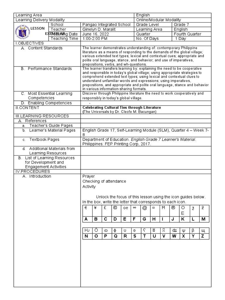 Cot2 Lesson Exemplar Grade 7 Week 8 | PDF | Learning | English Language