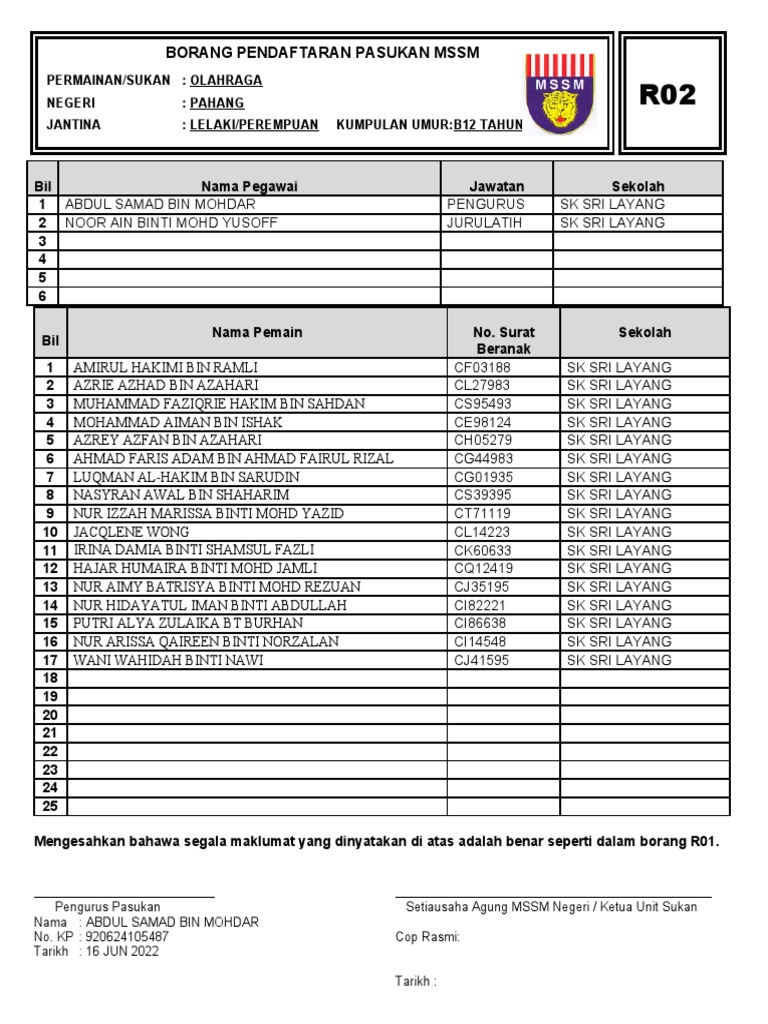 Borang Pendaftaran R02 Terkini Olahraga | PDF
