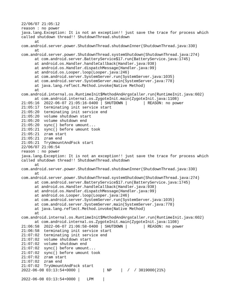 Android Device Shutdown Logs Detailing Reasons for Shutdowns Including ...