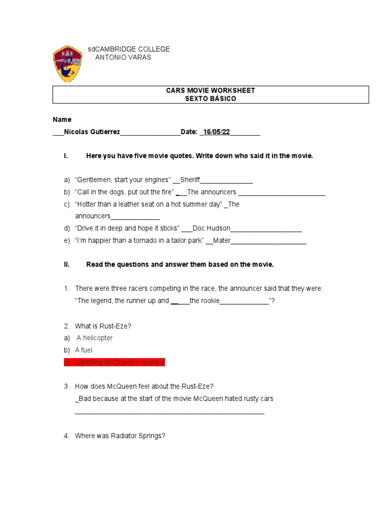 Cars Movie Worksheet for Students | PDF | Auto Racing