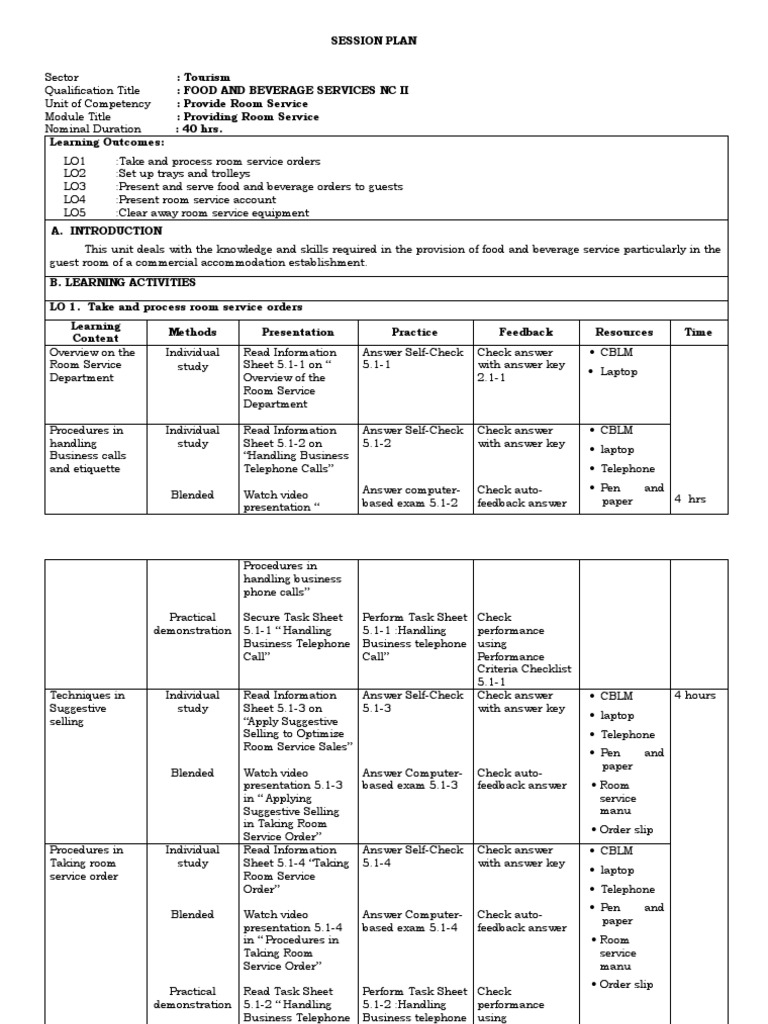 Room Service Training Outcomes | PDF | Behavior Modification | Learning