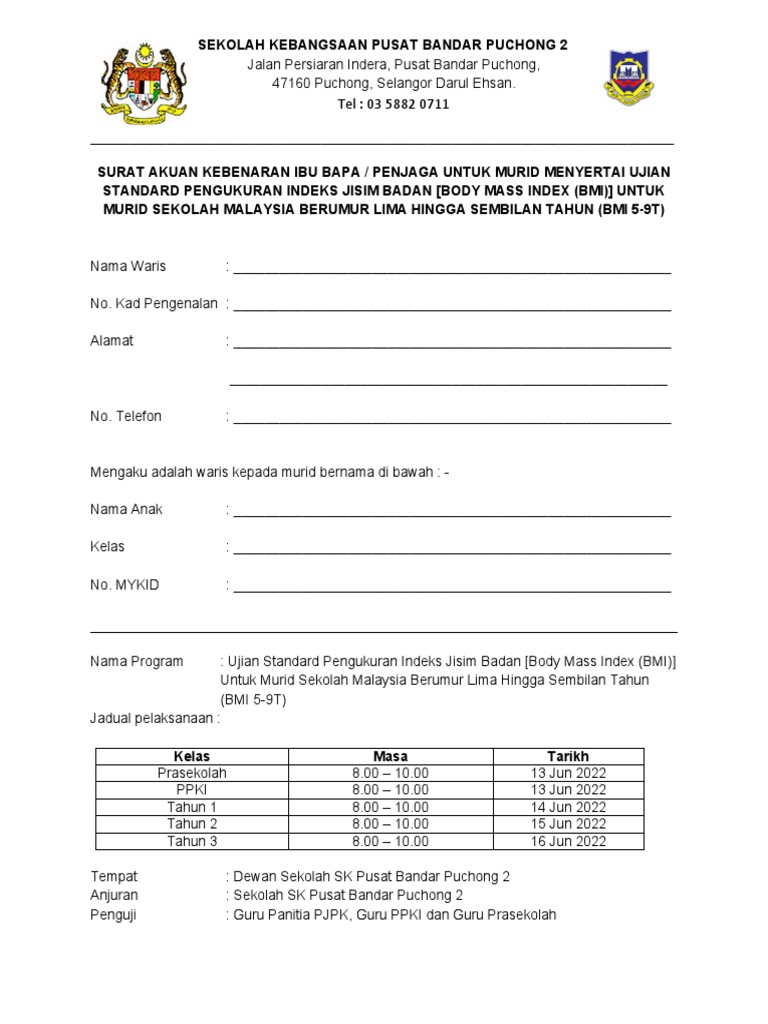 Surat Kebenaran Ibu Bapa Bmi 5-9T | PDF